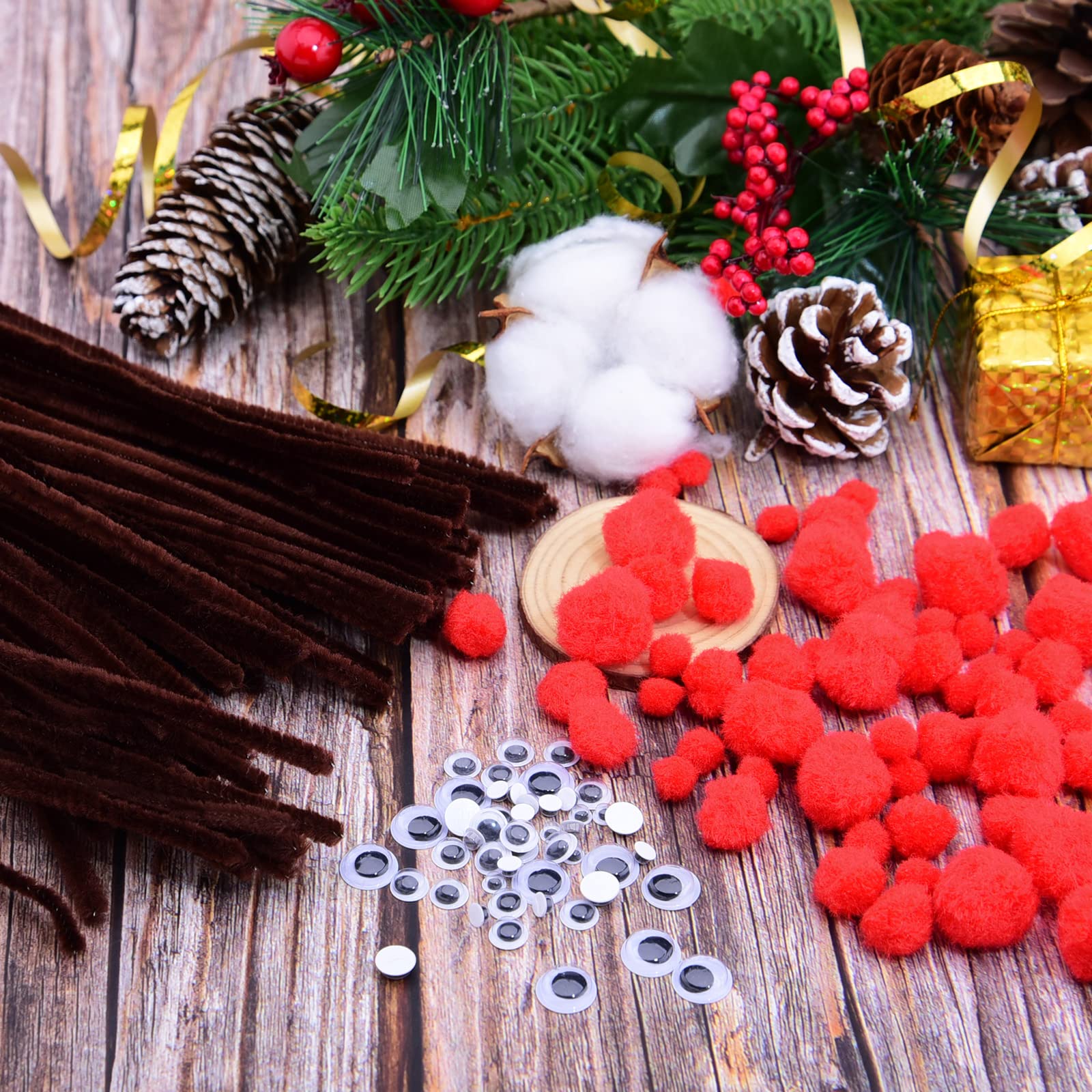 OOQCMM 450 Pieces Christmas Brown Pipe Cleaners Set, Includes 150 Pieces Chenille Stems, 150 Pieces Wiggle Eyes and 150 Pieces Pompoms for Christmas Art Craft
