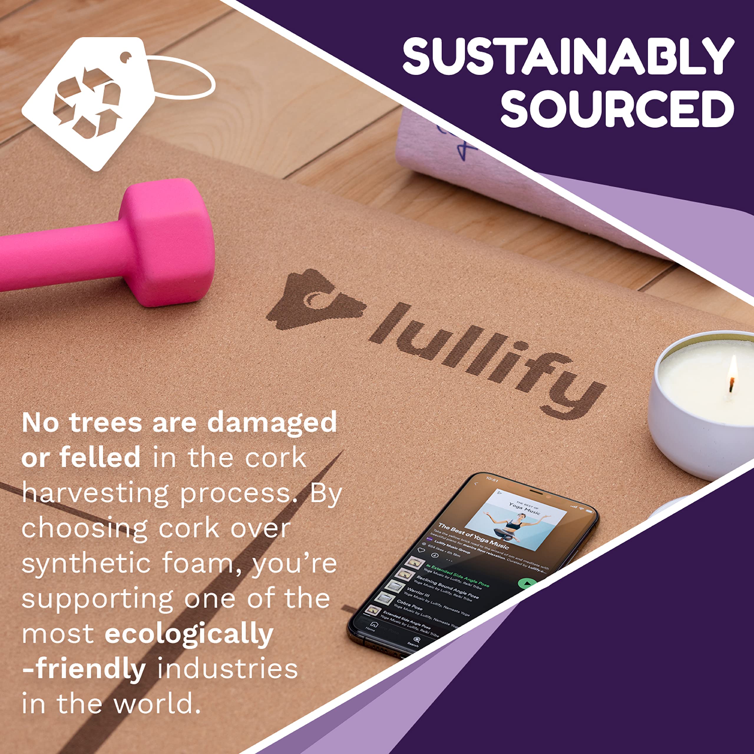 Lullify Premium Cork Yoga Mat | Non Slip and Built To Last Through Hot Yoga Or Exercise Class | Biodegradable and Built With Sustainable Materials | Carrying Strap Included