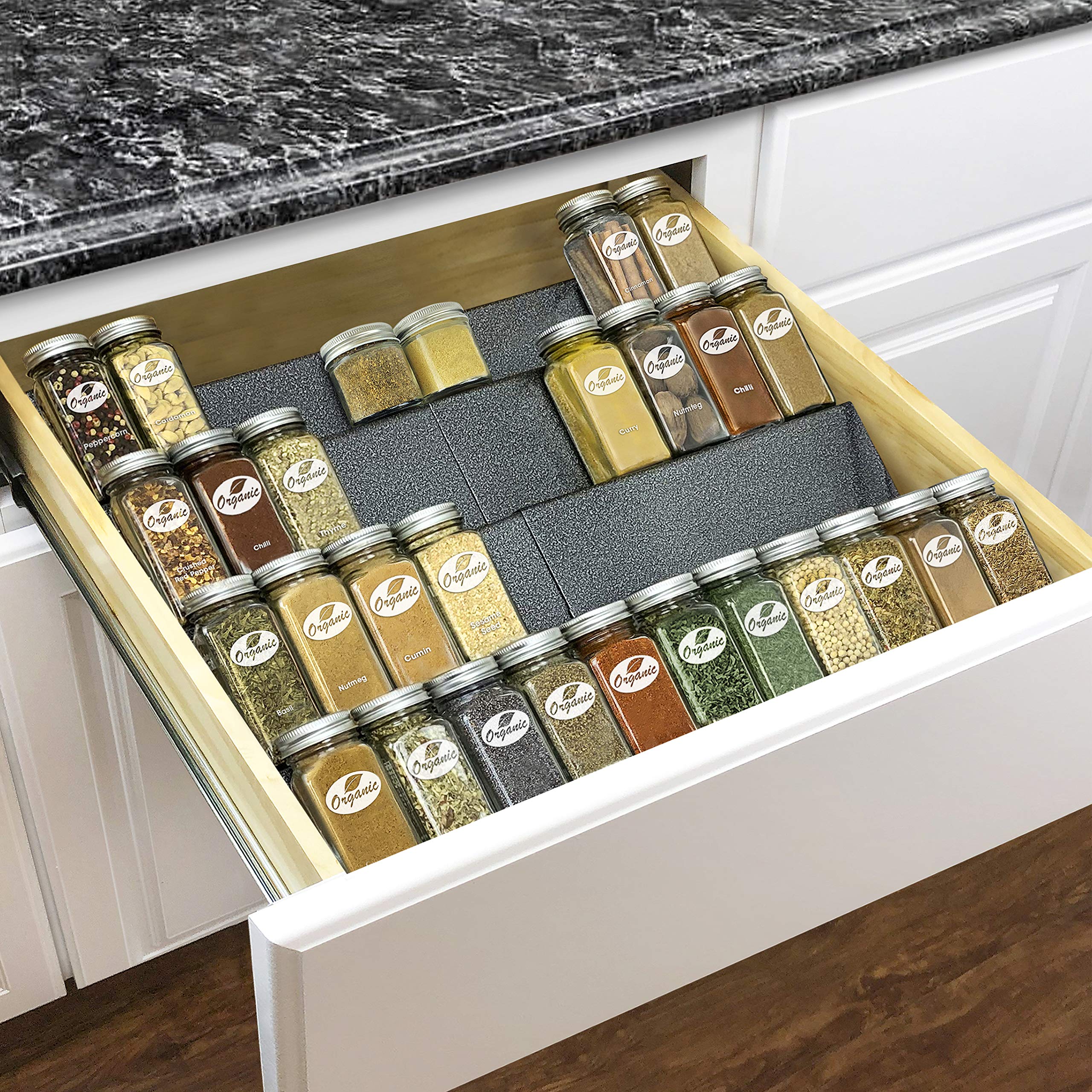 LYNK PROFESSIONALĀ® Expandable Organizer - Heavy Gauge Steel 4 Tier Spice Rack Insert Tray for Spice Jars, Herbs and Seasoning - Kitchen Cabinet Drawer Storage - Silver Metallic