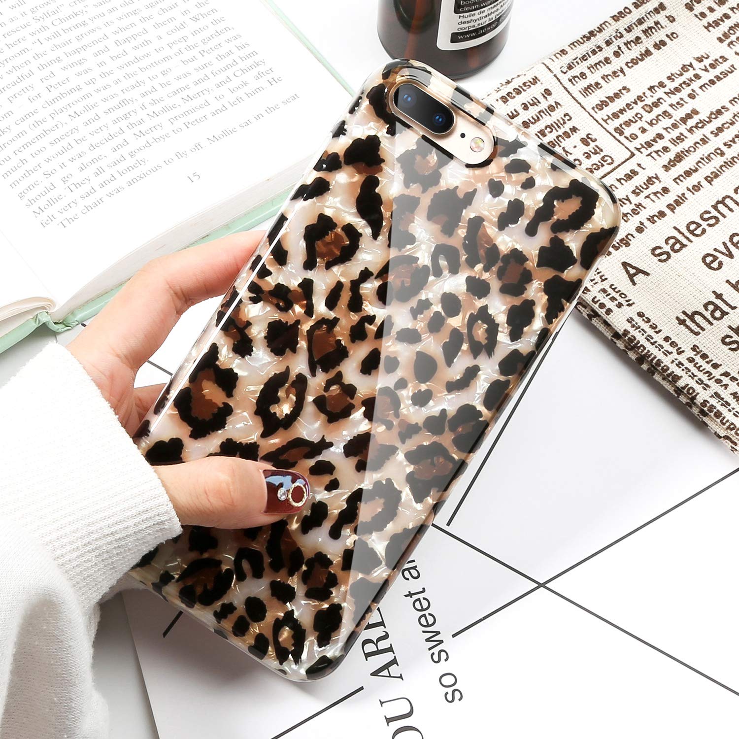 IDweel for iPhone 8 Plus Case Cheetah, iPhone 7 Plus Case for Women Girls, Luxury Sparkle Bling Translucent Leopard Print Soft Phone Case Cover Fashion Design Pattern Cover (Cheetah)