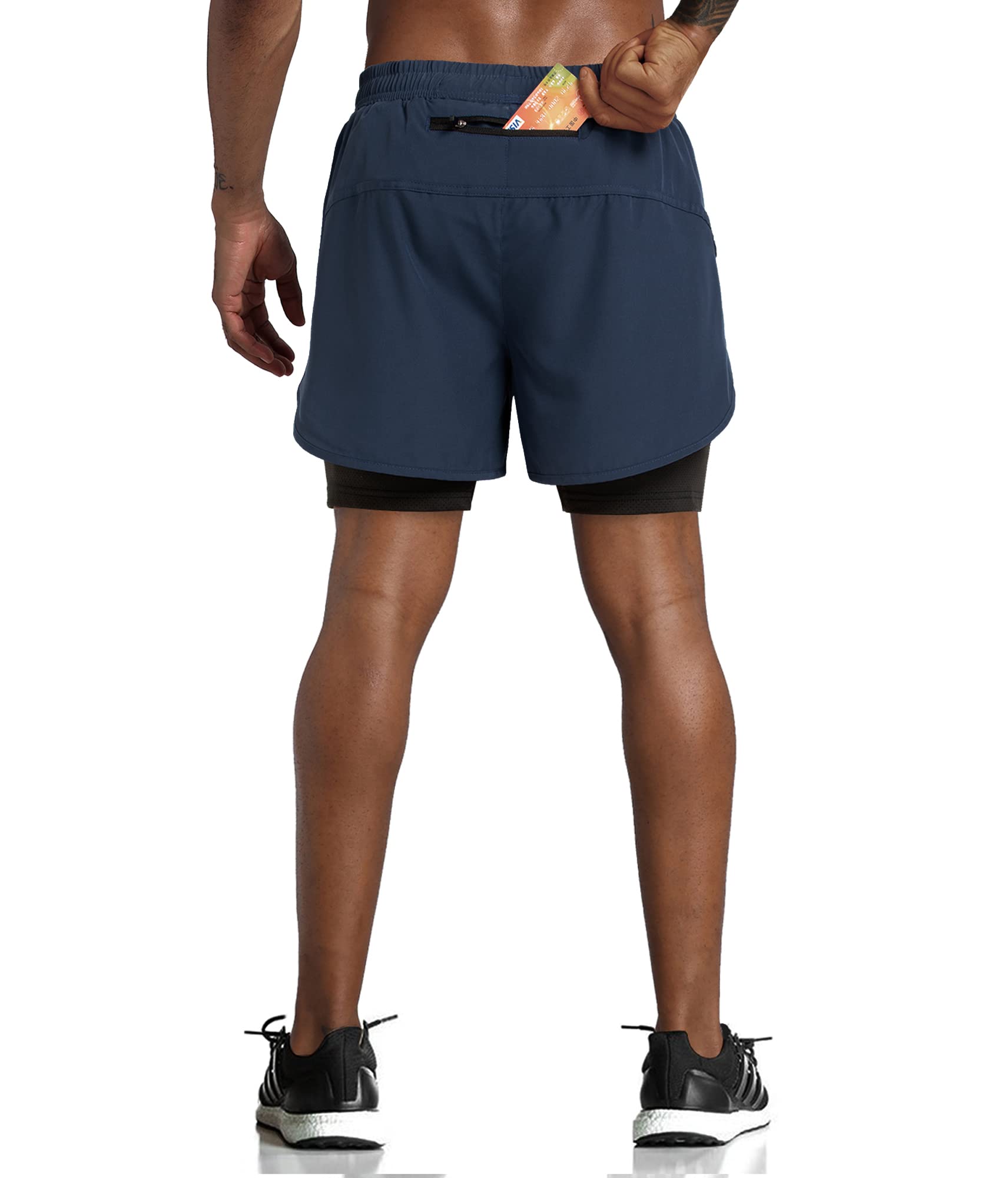 Lulucleaf Running Shorts for Men with Liner Mens 2 in 1 Workout Athletic Yoga Shorts (Dark Blue, L)