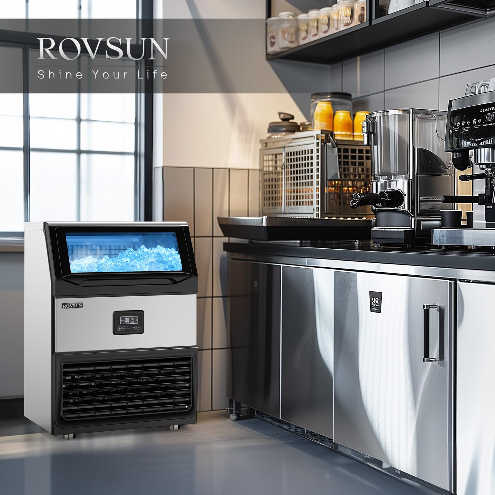 ROVSUN 360lbs/24h Commercial Ice Maker, Freestanding Ice Machine with LED Control Panel & 77lbs Storage Bin, Perfect for Restaurant Bar Cafe Home Office, Includes Scoop & Connection Hose
