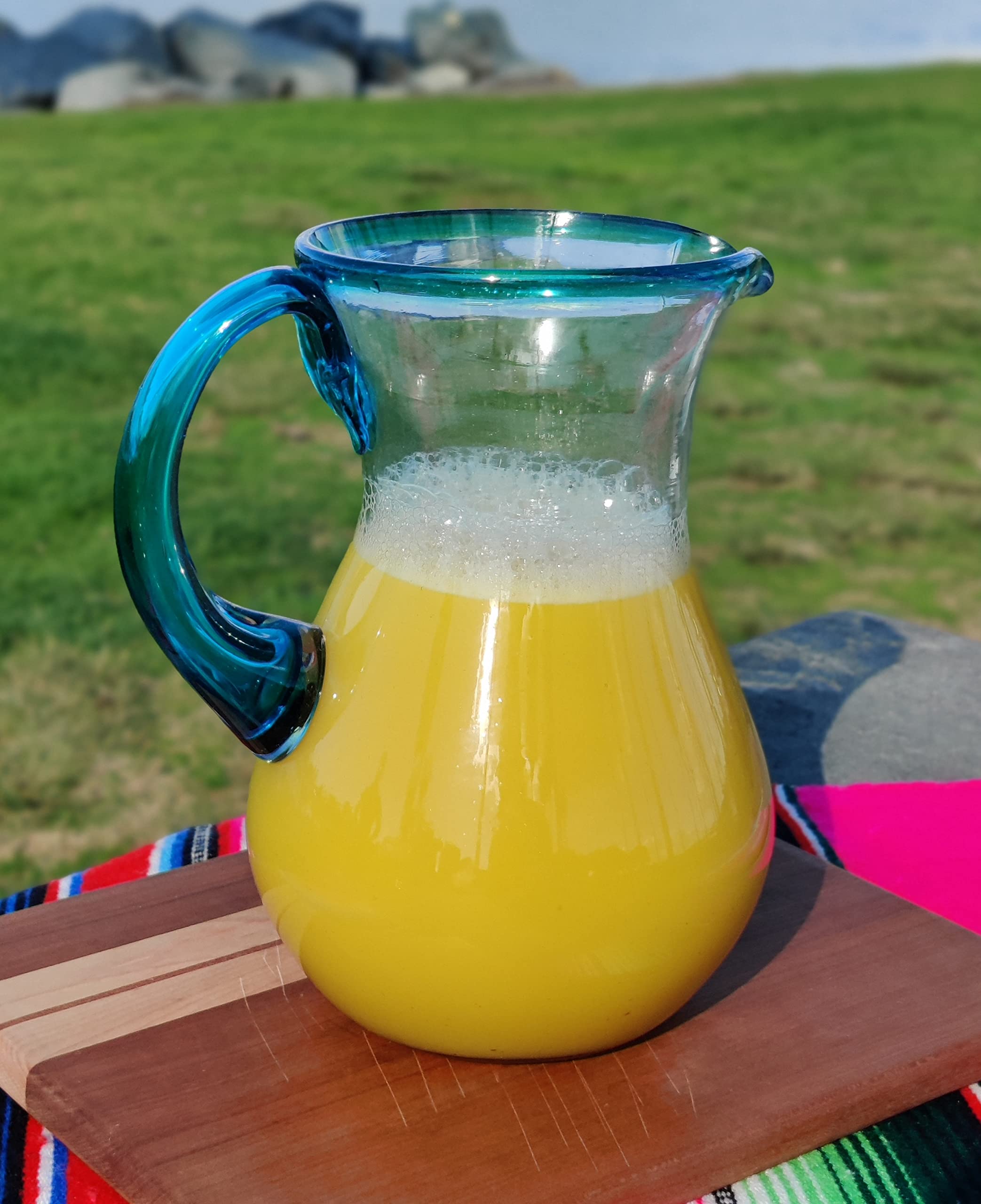 Mexican Hand Blown Glass Pitcher – Aqua Rim and Handle (84 oz)