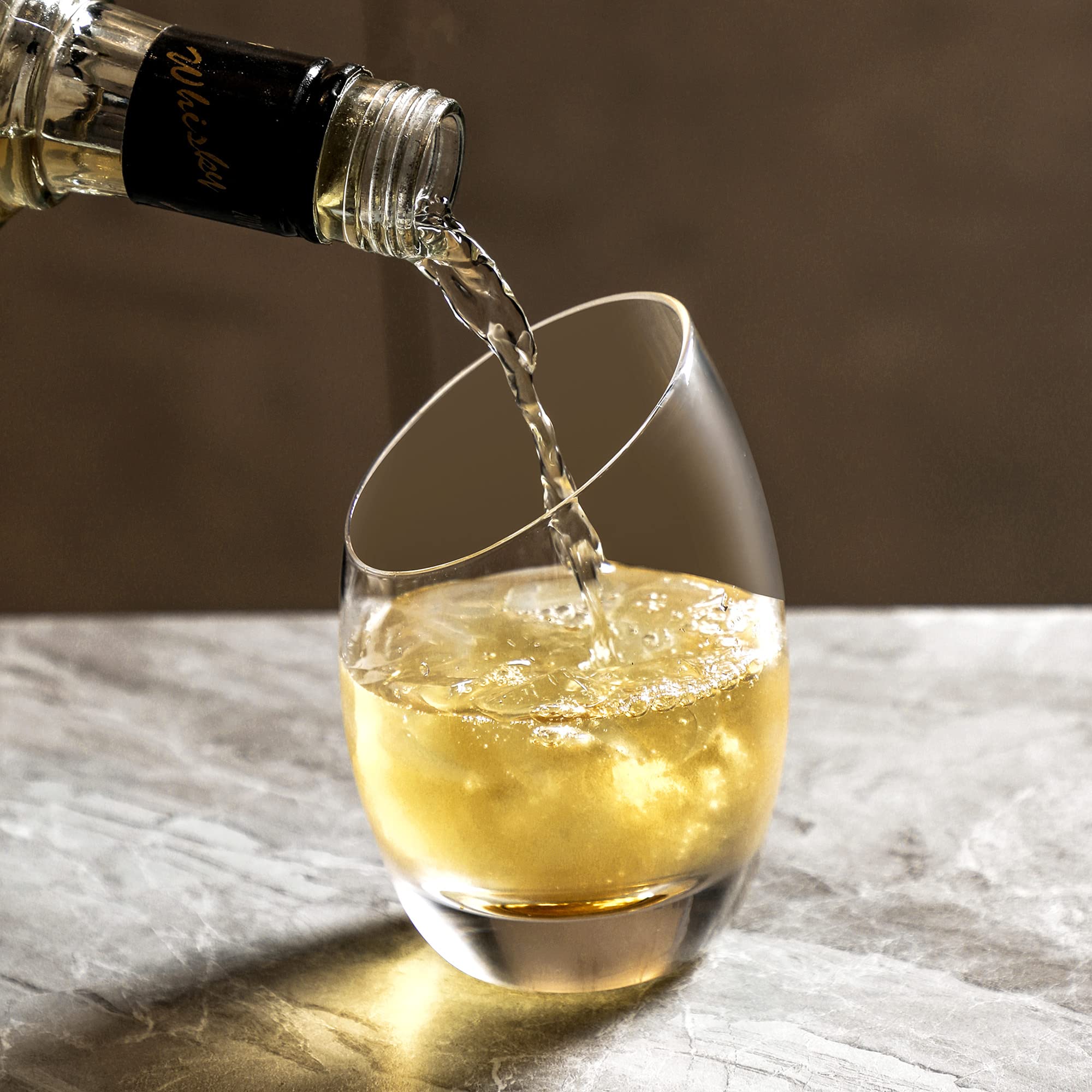 Lysenn Stemless Wine Glasses Set of 2 - Designer Hand Blown Crystal Whiskey Glasses - Unique Gold Base and Tilted Rim Brandy Snifter for Red Wine, Cocktails, Bourbon and Champagne β 10 oz.