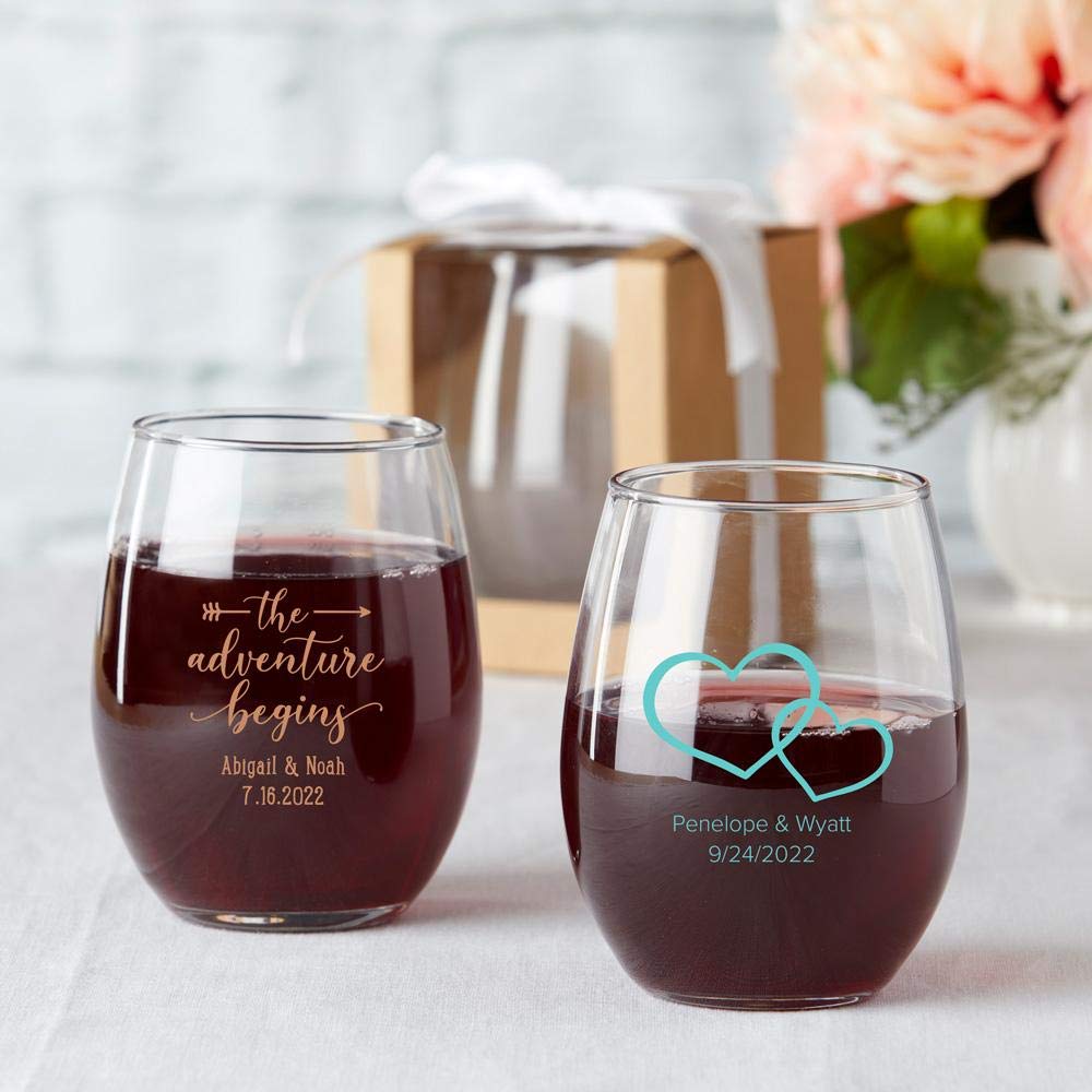Kate Aspen 15 oz. Personalized Stemless Wine Glass - 48pcs/Silver - Custom Wedding Favors and Bridal Shower Party Favors with Customized Designs Text Lines