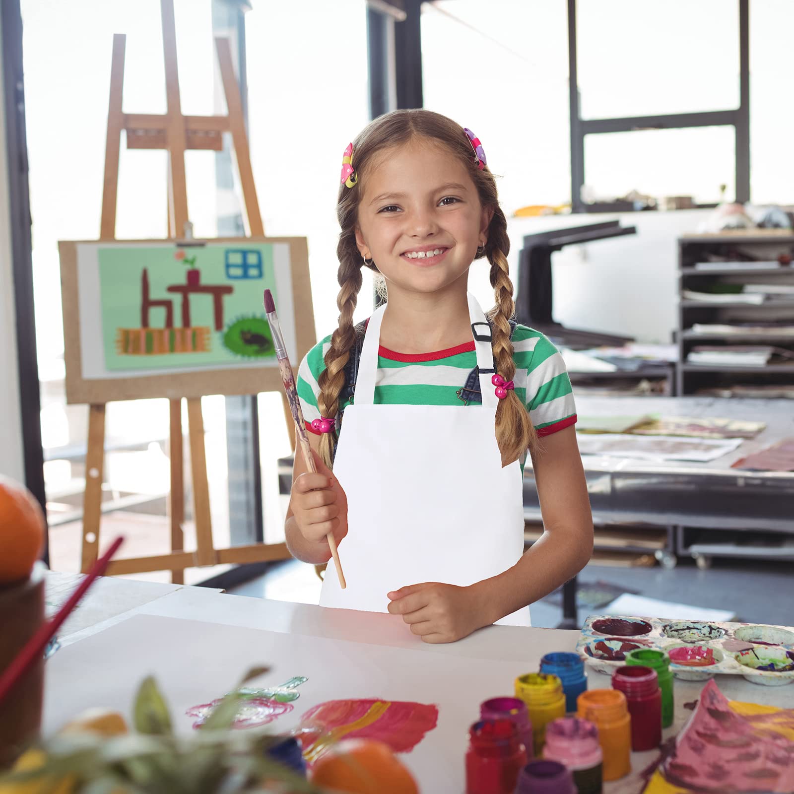 MissOwl 8 Pcs Waterproof Kids Apron with Pockets Chef Artists Child Bib Cooking Baking Painting for Boys and Girls White