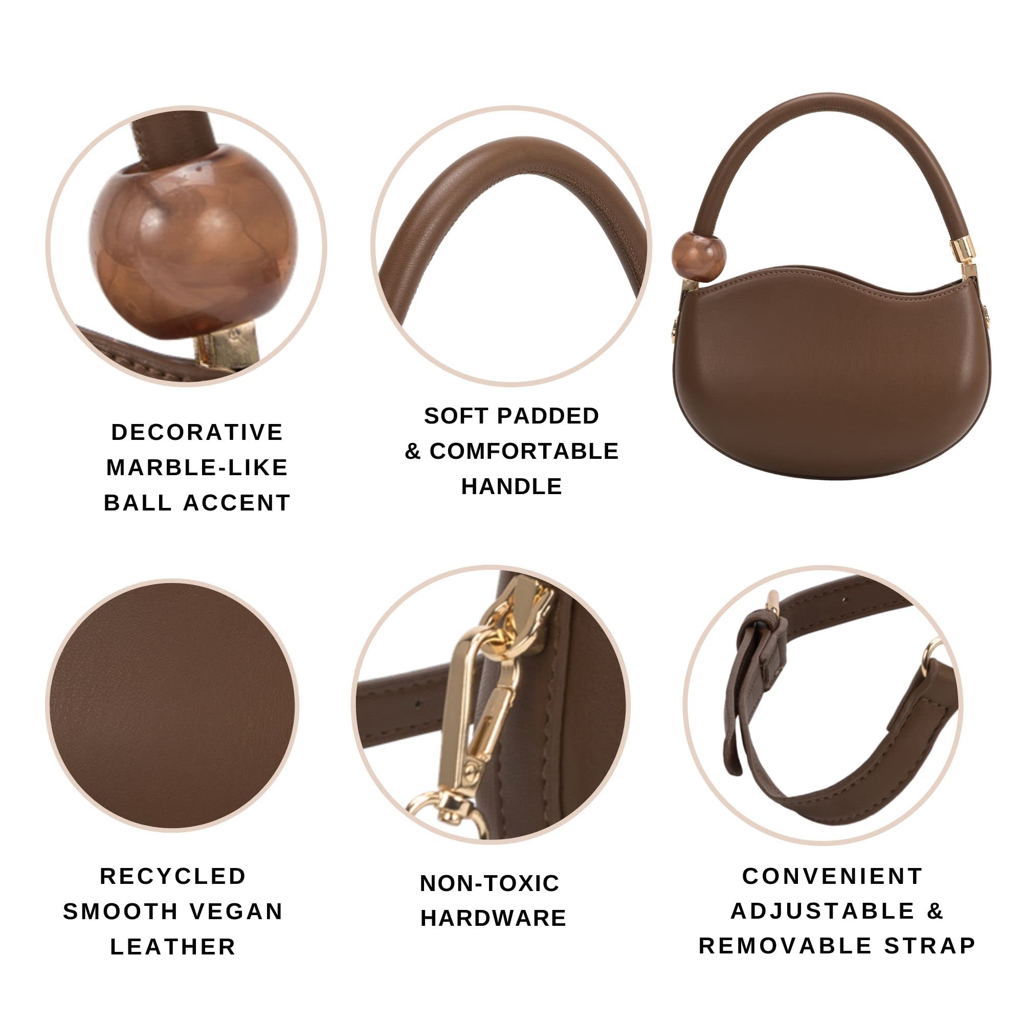 Melie Bianco Jennie Bag - Luxury Vegan Leather Handbag - Compact Design, Crossbody Capabilities, Zip Closure - 100% Recycled Fabric - Versatile for Work, Date-Night, Casual & Evening Wear - Chocolate