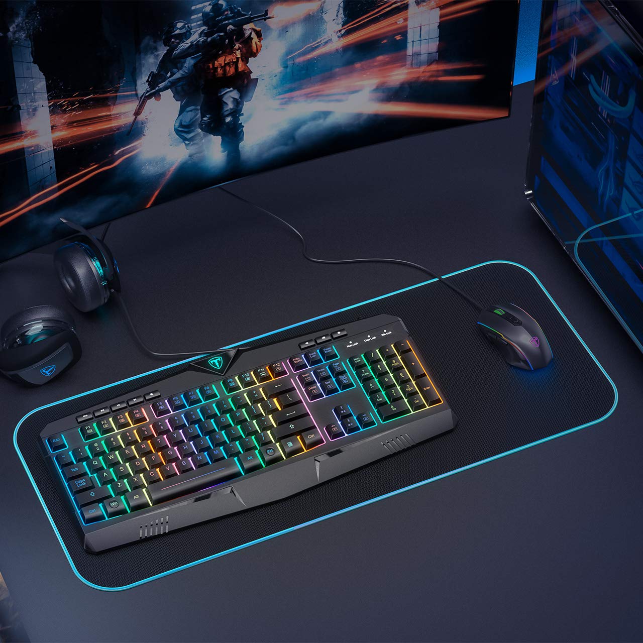 Membrane Gaming Keyboard, YoChic Rainbow LED Backlit Quiet USB Wired 104 Silent Keys, Crater Architecture, 25 Anti-Ghosting Spill-Resistant Computer Keyboard for Desktop, Computer, PC, Black