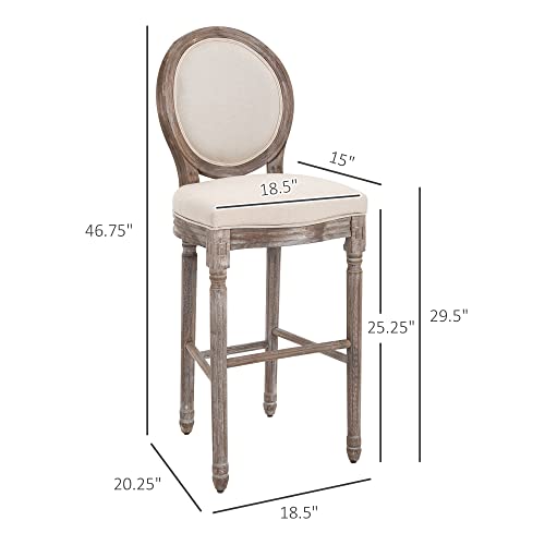 HOMCOM Solid Wood Bar Stools Set of 2, French Country Barstools, Bar Height Chairs with Upholstered Seating and Footrest, 29.5" Seat Height, Beige