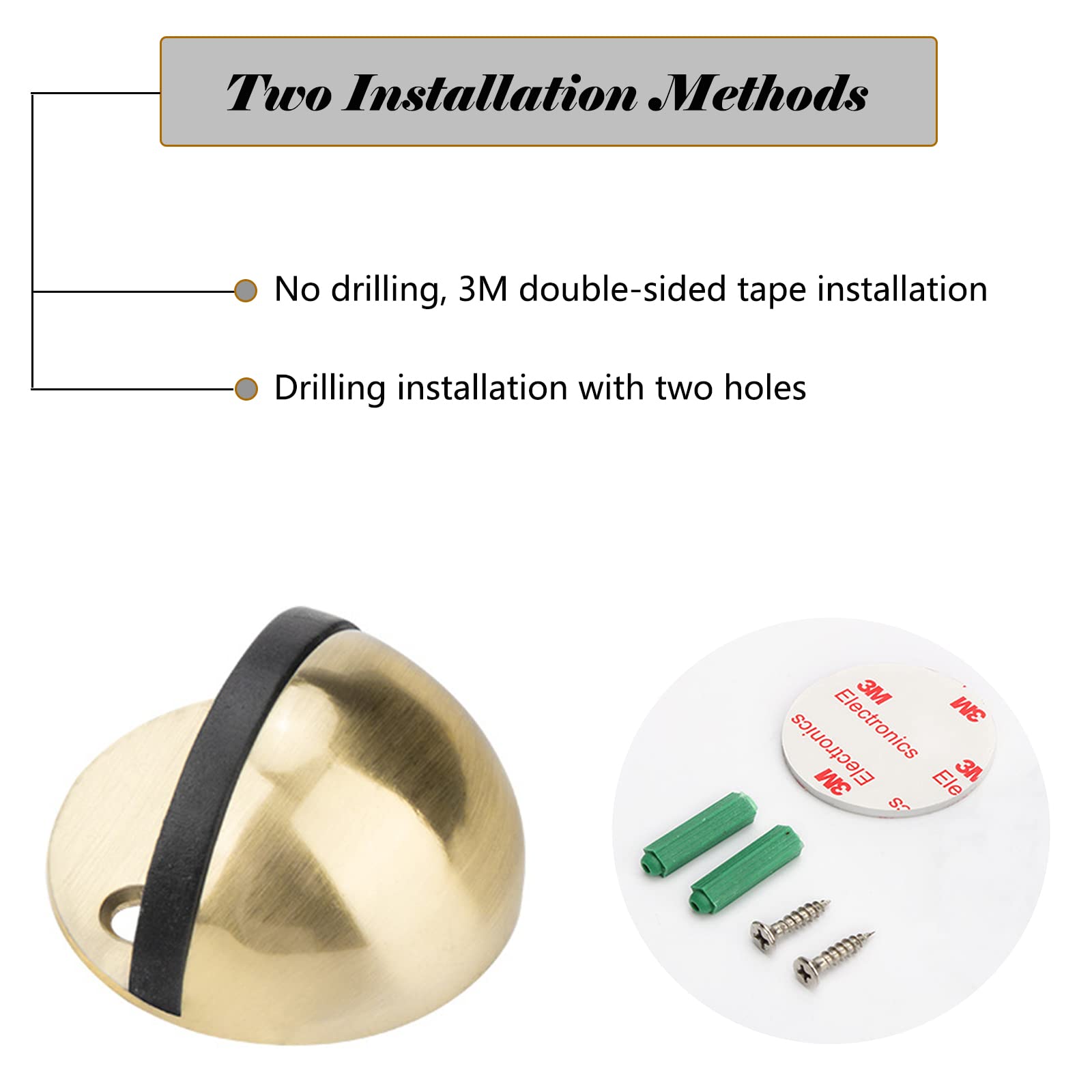 LemonHo 2 Pack Drill-Free Floor Mounted Door Stoppers 3M Adhesive Tapes/Screw in Door Stopper Wall Protectors with Black Rubber Bumper Tips, Ground Doorstops for Bedroom Shower Office, Gold