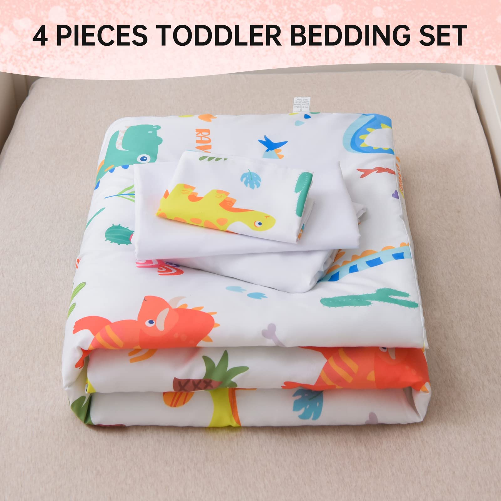 PHANTASIM Dinosaur Theme Print Toddler Bedding Set-Kids Bedding Set 4 Piece Toddler Bed Sheet Set - Standard Size Includes Comforter, Flat Sheet, Fitted Sheet and Pillowcase for Girls and Boys