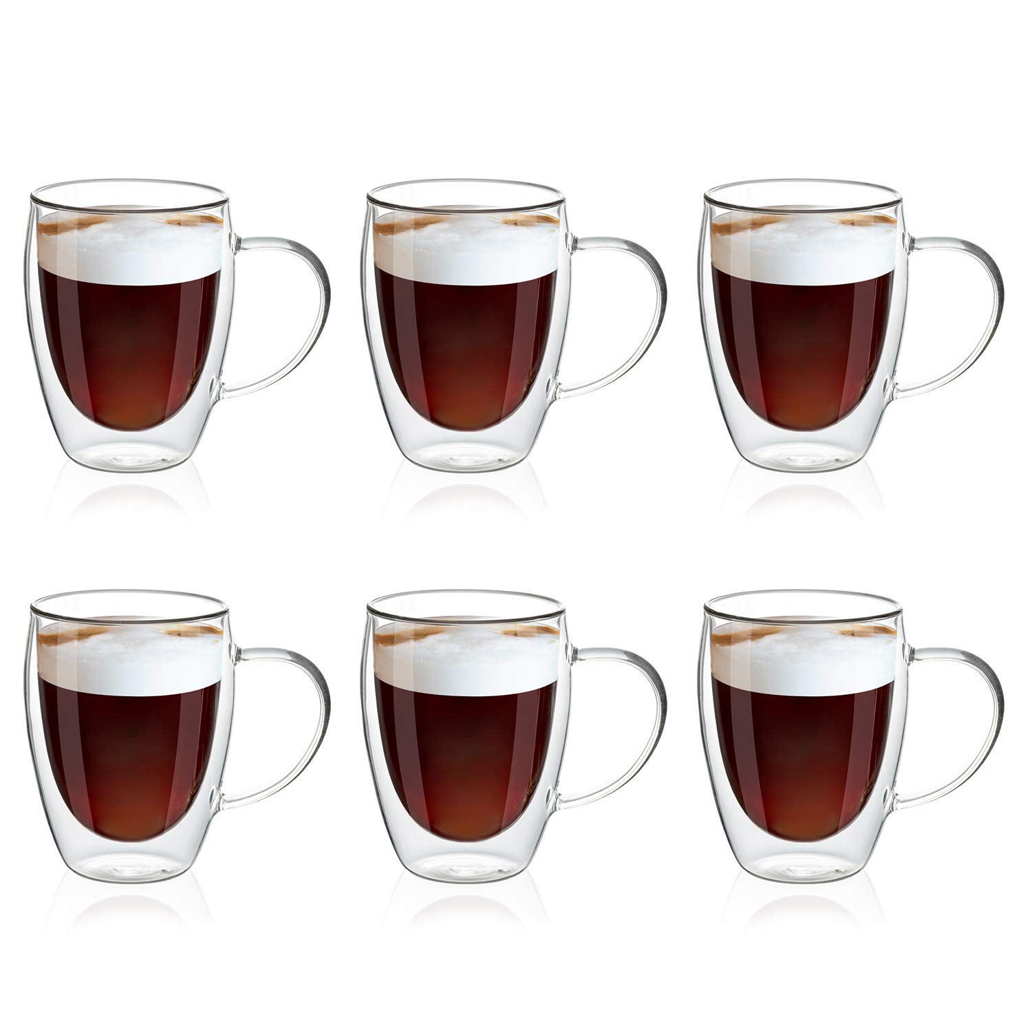MEWAY 12oz/6 pack Coffee Mugs,Clear Glass Double Wall Cup with handle for Coffee, Tea, Latte, Cappuccino (12 oz,6)
