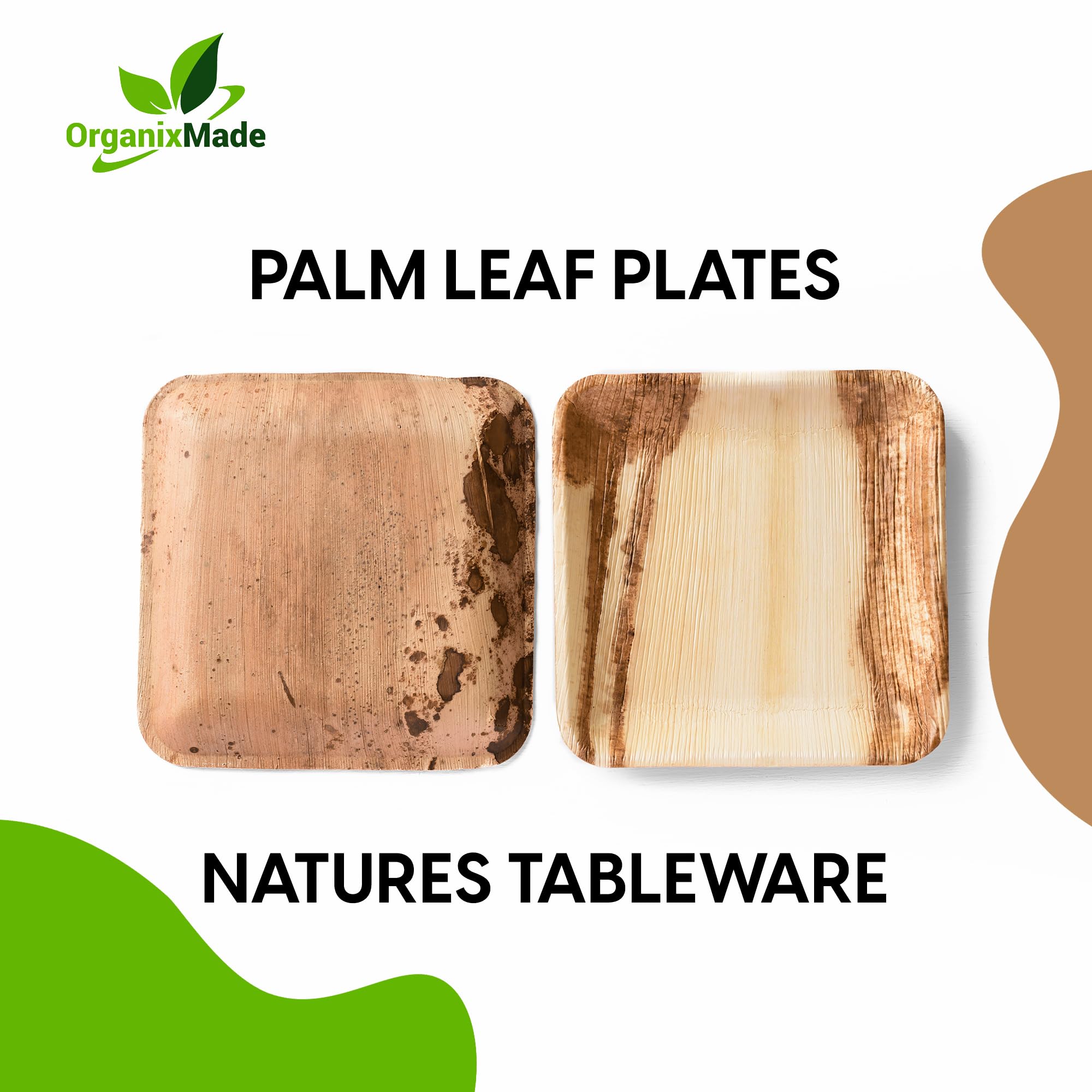 Organix Made - Disposable Palm Leaf Bamboo Plates, 6 Inch Square (50 Plates) - Appetizer and Dessert Dinnerware Plates - Biodegradable, Compostable, & Eco-Friendly Plates - Light & Sturdy