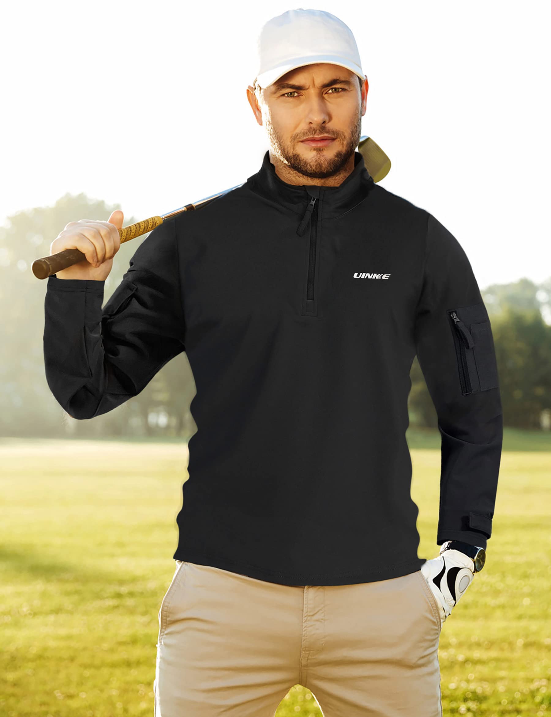 Men's UPF50+ 1/4 Zip Shirts Quarter-Zip Pullover Long Sleeve Outdoor Workout Golf Hiking Athletic Tops Sweatshirt Black