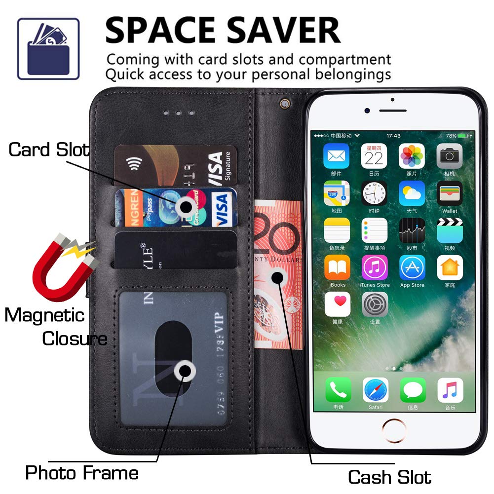 KUDEX iPhone 7 Plus Wallet Case for Women,iPhone 8 Plus Case, Flip Leather Shockproof Magnetic Zipper Pocket Wallet Purse Case w/Stand Card Slot Holder Wrist Strap for iPhone 7 Plus/8 Plus (Purple)
