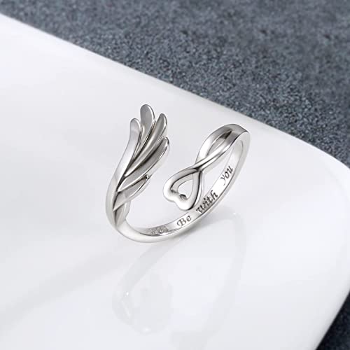 oGoodsunj Infinity Angel Wing Ring Sterling Silver Guardian Feather Jewelry Gift for Women (Heart)