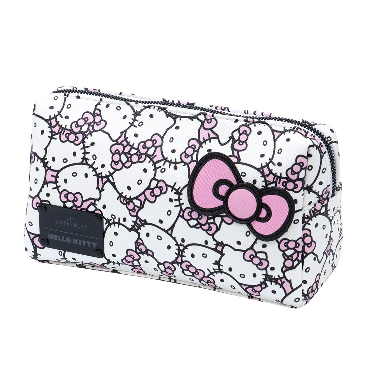 Impressions Vanity Hello Kitty Cosmetic Pouch with Waterproof Faux Leather, Zippered Bag For Travel Size Toiletries, Makeup Bag Organizer With Inside Pocket With Extra Slip Pocket (White/Pink)