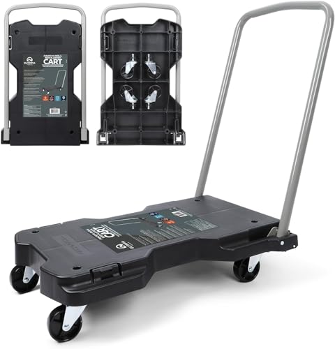 Olympia Tools Fully Folded Resin Push Cart Dolly - 330 Lb. Loading Capacity Foldable Moving Platform Cart Hand Truck - Black Collapsible Heavy Duty Folding & Rolling Flatbed Cart with 4 Swivel Wheels