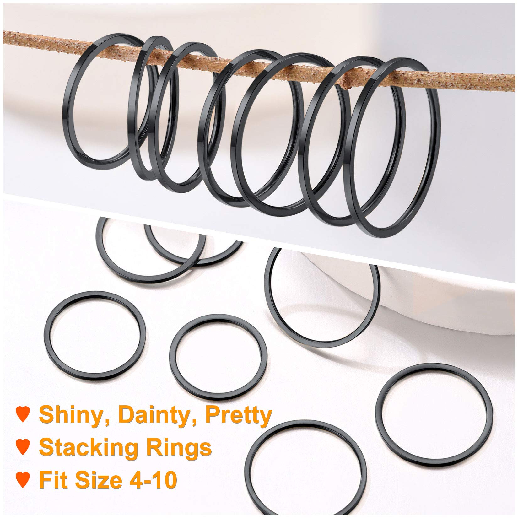 Knuckle Stacking Midi Rings Set Stainless Steel 7Pcs Simple Band Thumb Ring Black