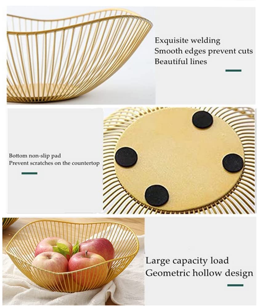 NatureMan Kitchen counter fruit bowl Large fruit basket bowl Metal wavy storage basket Kitchen vegetable and fruit bowl, used to hold fruits, vegetables and bread (Gold-Small)