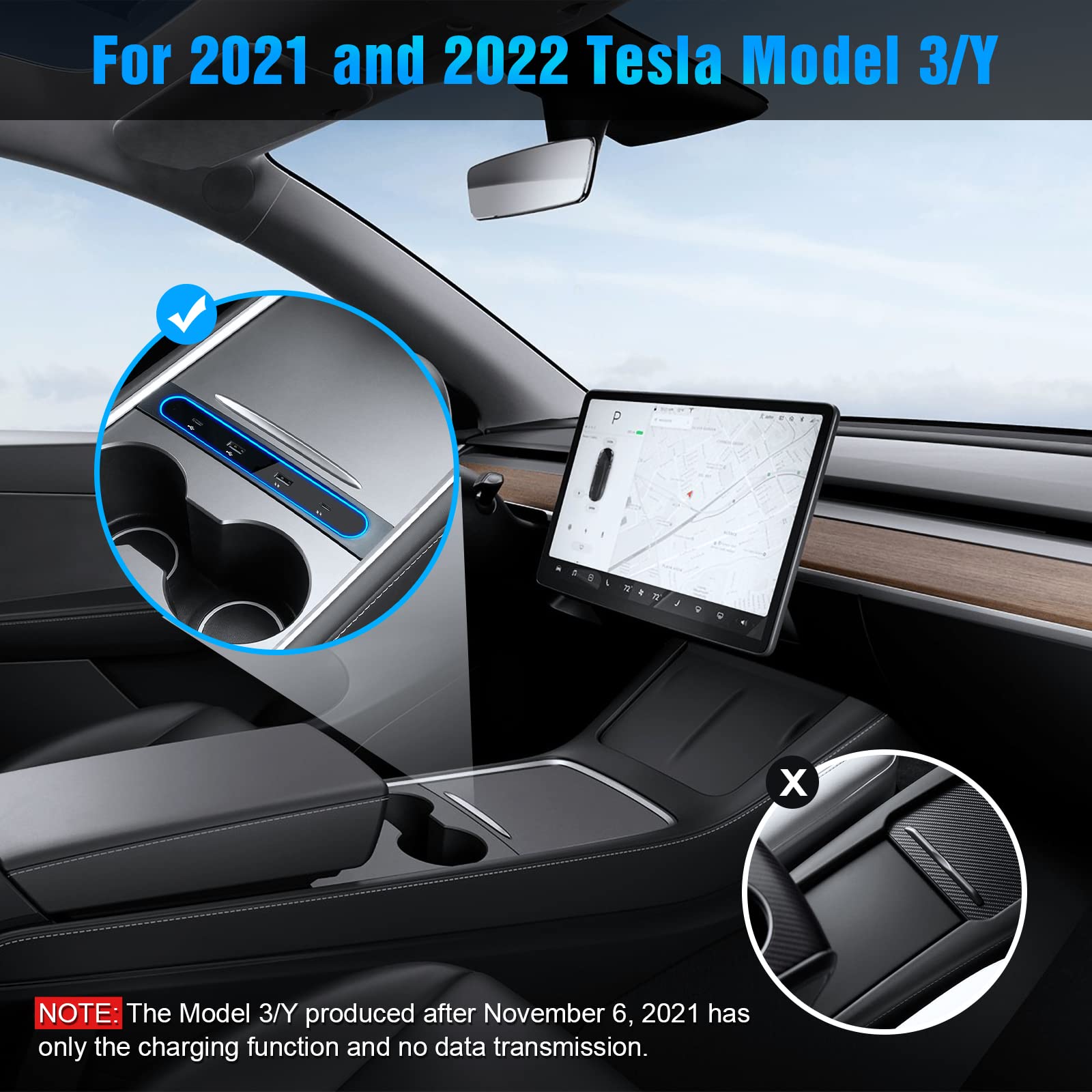 OEC-T5 Tesla USB Hub Car USB Charger 4 in 1 Center Consoles with PD Fast Charge Port and Blue Automatic LED Ambient Light Fit for 2021 2022 Tesla Model Y Model 3