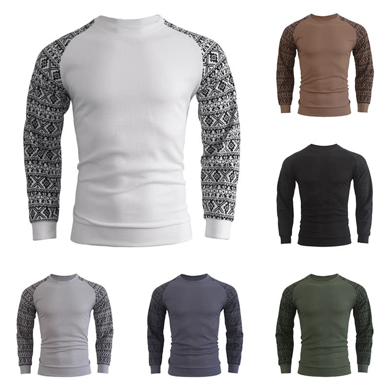 Men's Waffle Shirts Long Sleeve - Casual Slim Fit Undershirts Crew Neck Pullover Tops White