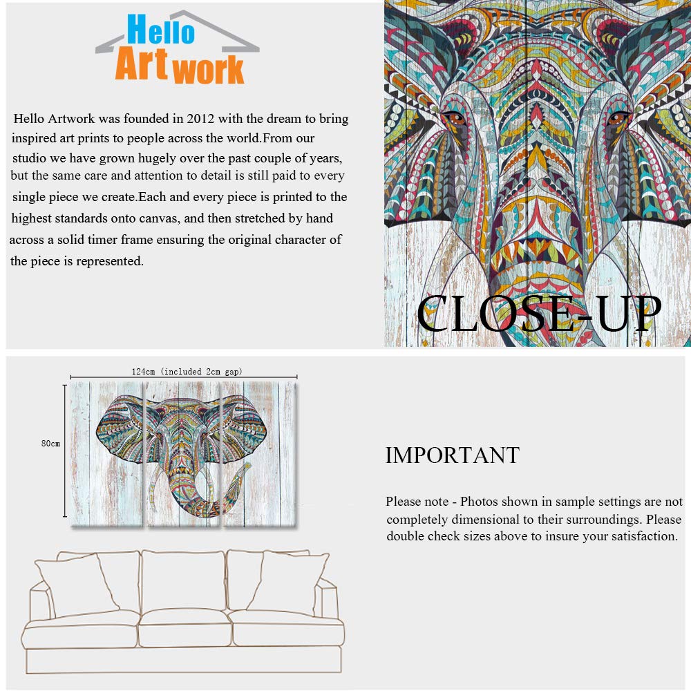 iHAPPYWALL 3 Pieces Animal Canvas Wall Art Tribal Elephant Boho Paisley Pattern Abstract Wildlife Artwork for Bedroom Living Room Stretched and Framed Ready to Hang 16x32inchx3pcs