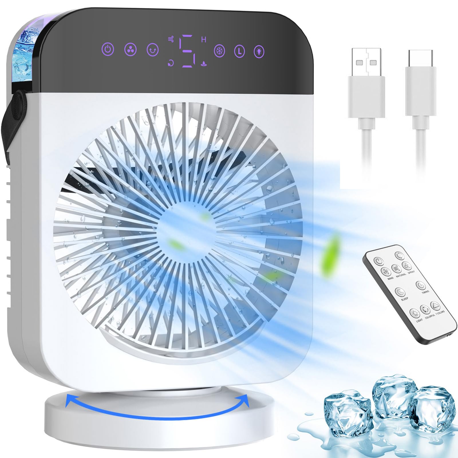 Portable Air Conditioners with Large LED Display, 4-Wind Speed &2-Mist Setting Mini Ac Unit, Small Air Cooler with Oscillation/Timer/Light Function, Personal Cooling Fan For Room Home Office