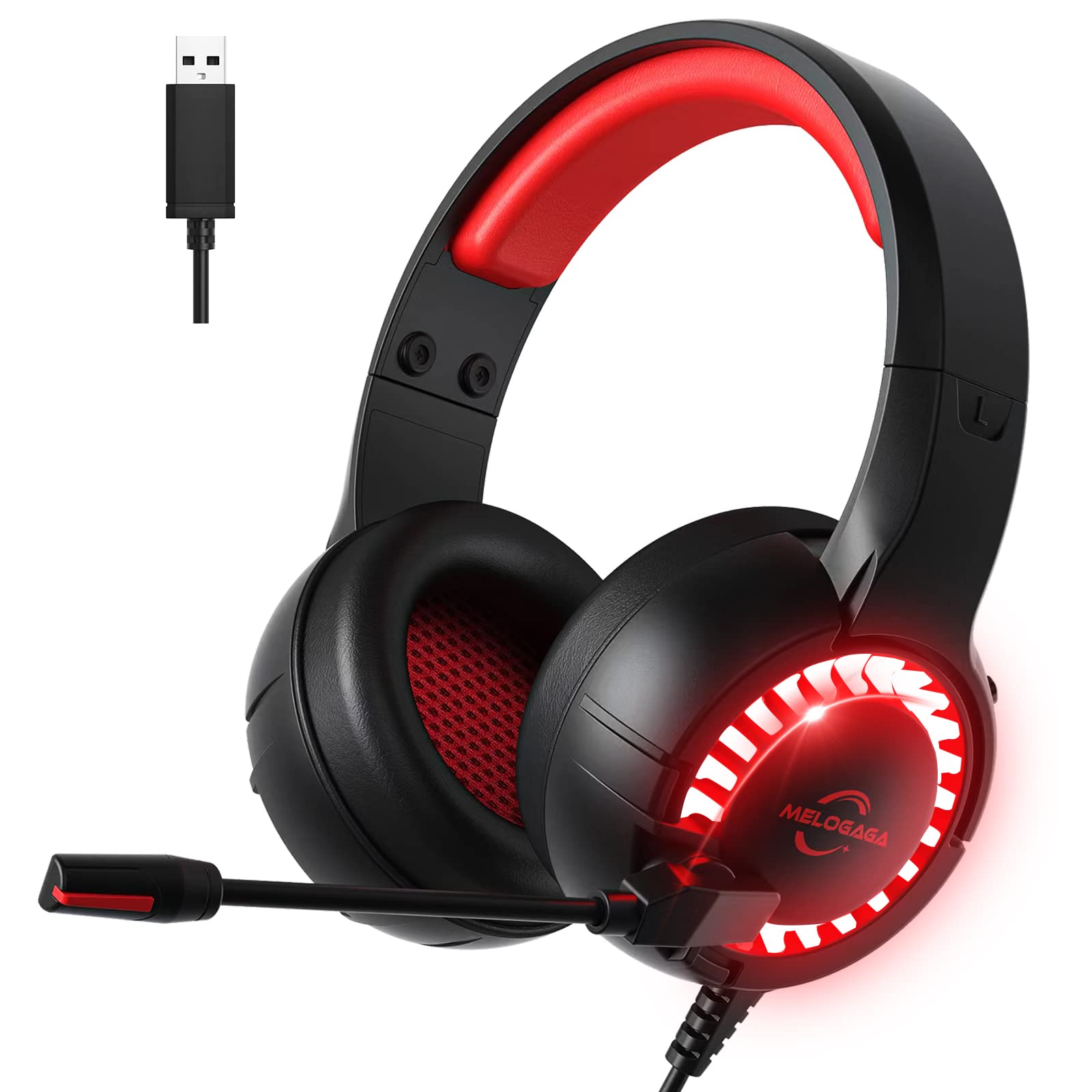 MELOGAGA USB Gaming Headset for PC PS4 PS5, 7.1 Surround Sound Headphones with RGB Breathing LED Lights& Noise Canceling Microphone, Over-Ear Game Headset for Playstation Console Laptops Computer