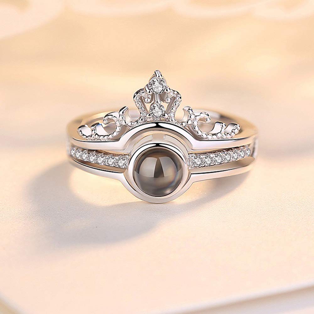 I Love You Ring 100 Languages Custom Name and Photo Projection Ring in 925 Sterling Silver Rose Gold—Crown Shaped Personalized for Women Mother Lover