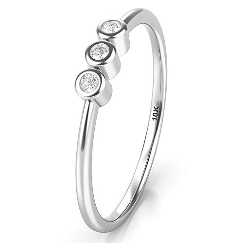 Kobelle Sz 7.5 Solid 10K White Gold Bezel Set 3 Diamond Past Present Future Wedding Engagement Ring
