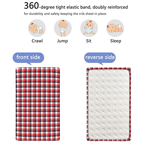 Plaid Themed Fitted Mini Crib Sheets,Portable Mini Crib Sheets Ultra Soft Material-Baby Sheet for Boys Girls,24β x38β,Vermilion Dark Blue White