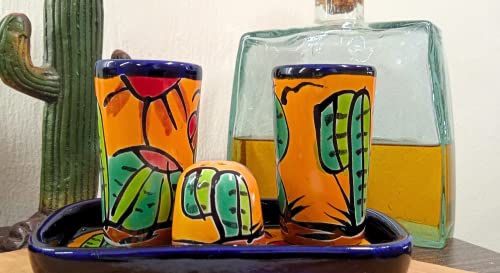 MEXTEQUIL - Authentic Mexican Talavera Tequila Shot Glasse with Tray and Salt Shaker - 2 Shots, 4pieces - Giffable - Artisanal colorful hand-painted (Cactus)