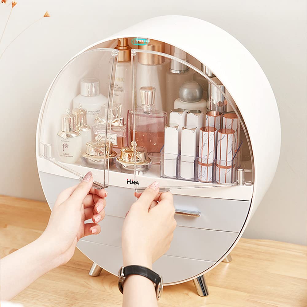 Ihuiniya STORi Makeup Storage Organizer Box，Cosmetics storage display rack with drawer，Waterproof, dustproof, elegant display cabinet，Suitable for bathroom countertop, bedroom dresser (Large Gray)