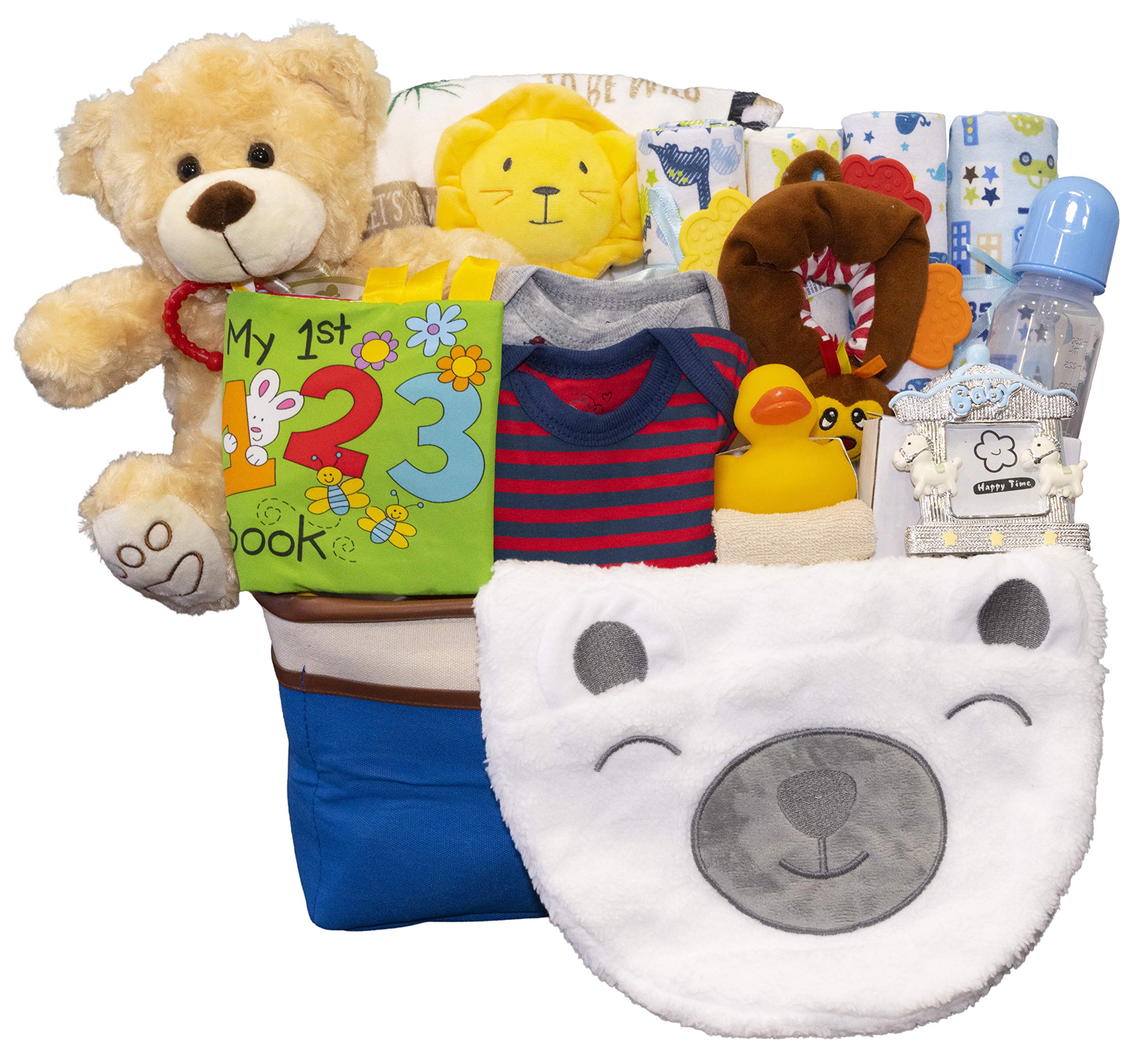 Joyful Arrival Deluxe Baby Boy Gift Set - Diaper Organizer, Baby Clothes & Much More