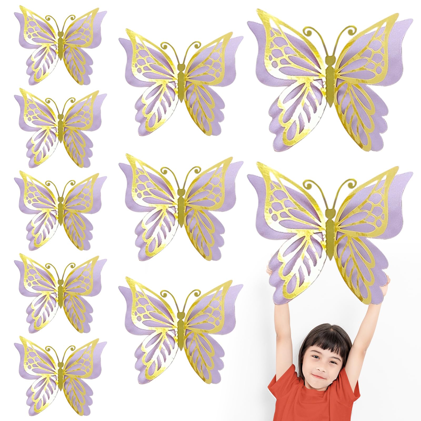 JUIIZAY 3D Large Butterfly Wall Decor Party Decorations 10pcs Purple And Gold For Birthday Baby Shower