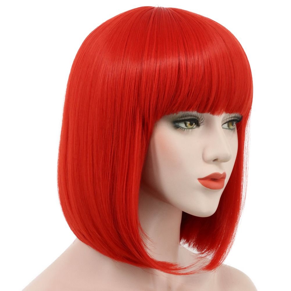 karlery Women Short Straight Bob Red Fasion Wig Flat Bangs Cosplay Party Wig