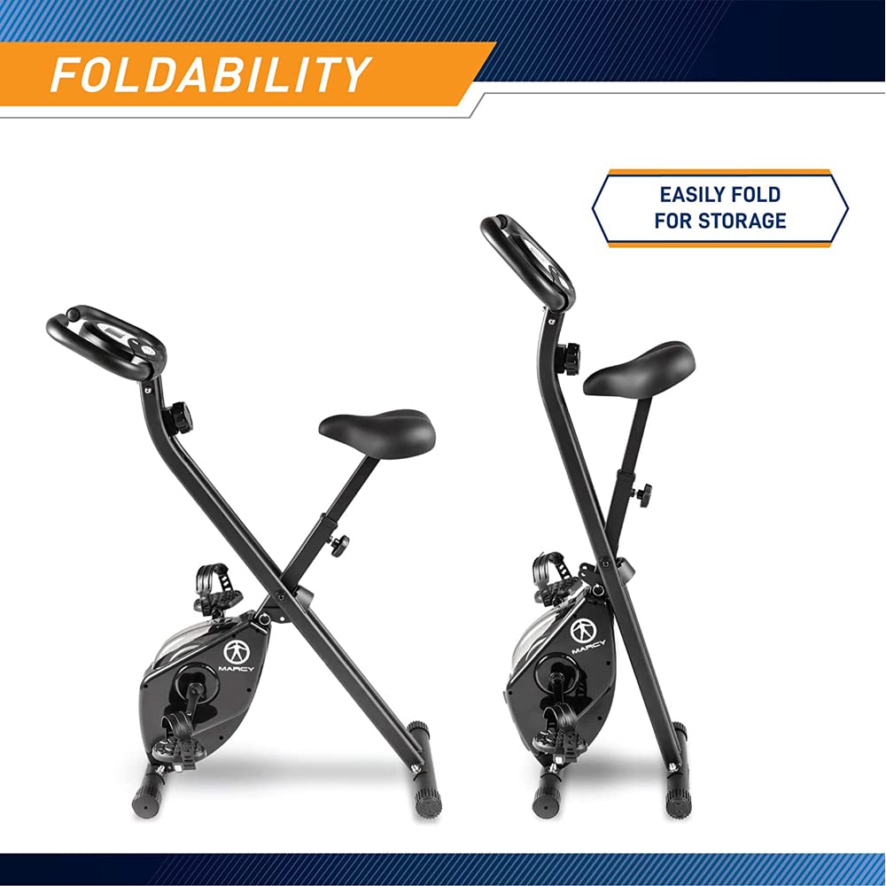 Marcy NS-654 Foldable Upright Exercise Bike Adjustable Resistance Bundle with 27 Ounce Water Bottle, Workout Cooling Sport Towel and Magnetic Wireless Sport Earbuds Gunmetal Grey