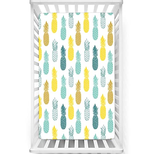 Pineapple Themed Fitted Mini Crib Sheets,Portable Mini Crib Sheets Soft and Breathable Bed Sheets-Baby Sheet for Boys Girls,24â x38â,White and Multicolor
