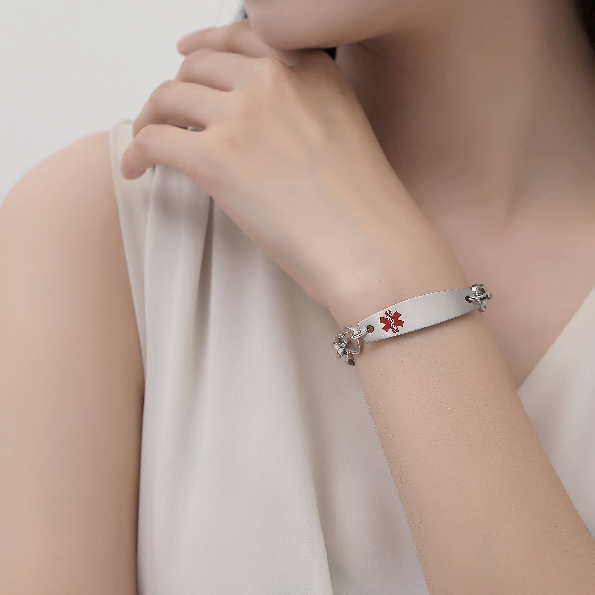 mnmoom 7 1/2 in Heart Medical Alert Bracelets for Women Stainless Steel id bracelets with Free custom engraving (Silver/PACEMAKER)