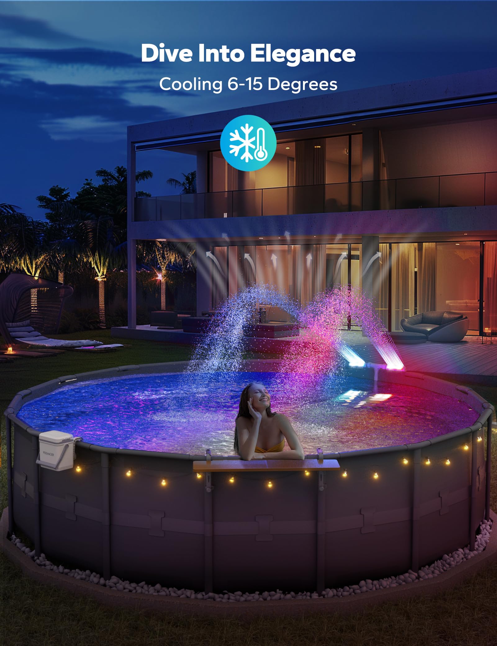 POOLHACKER Pool Fountain with 7-Color LED Lights, Above/Inground Pool Fountain Lights with Remote Control, Adjustable Pool Sprinkler Fountain with Dual Spray Heads, Above Ground Pool Cooling System