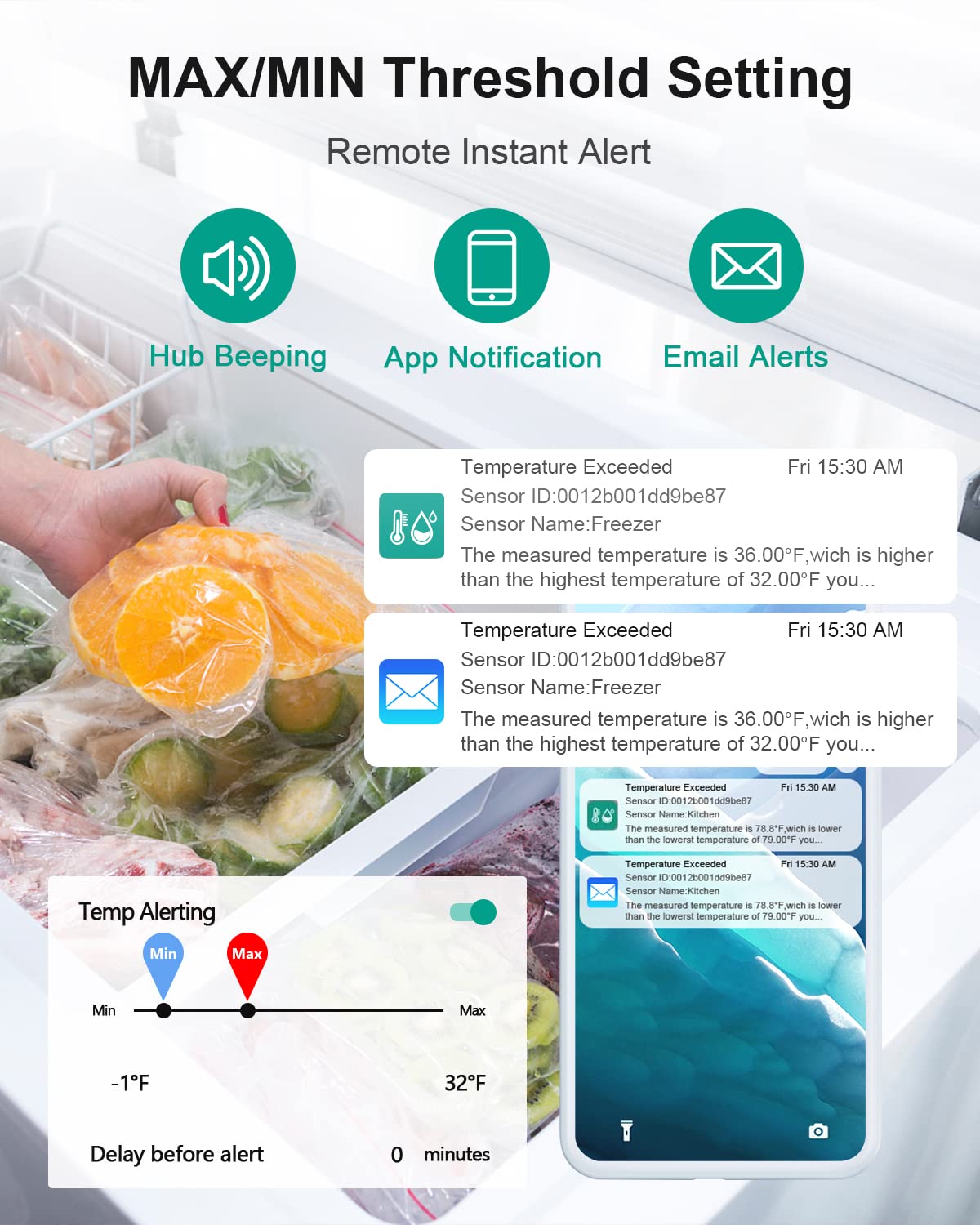 MOCREO Temperature Sensor with Waterproof External Probe, for Freezer with App Alert, Smart Thermometer, MOCREO Hub Required, Remote Temperature Monitor Gauge, for Refrigerator, Fish Tank