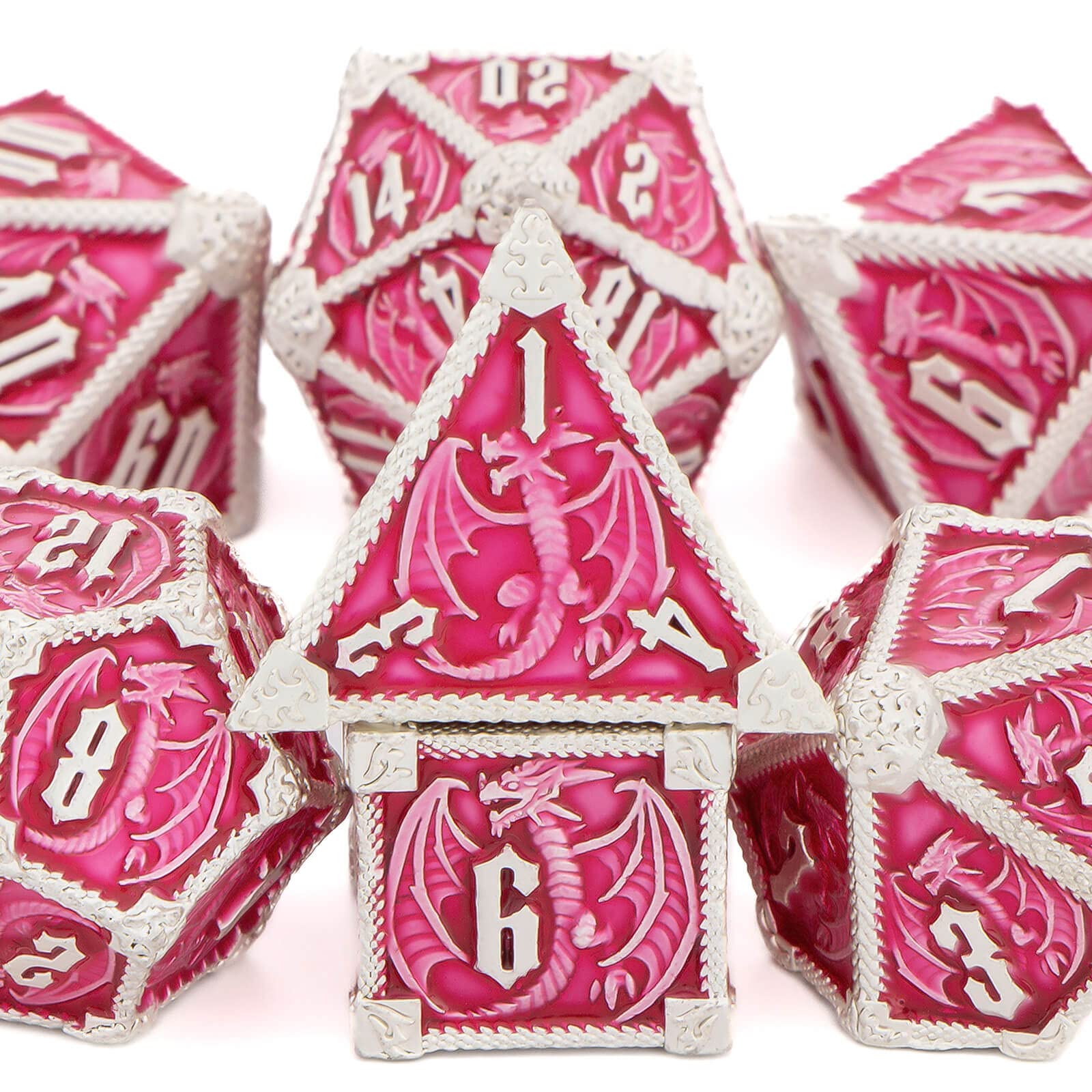 OUKELANWO Metal Dice Set D&D, Pink Dungeons and Dragons Dice with Gift Box, 7 Piece Polyhedral Role Playing Dice, RPG D and D Dice D20 D12 D10 D8 D6 D4