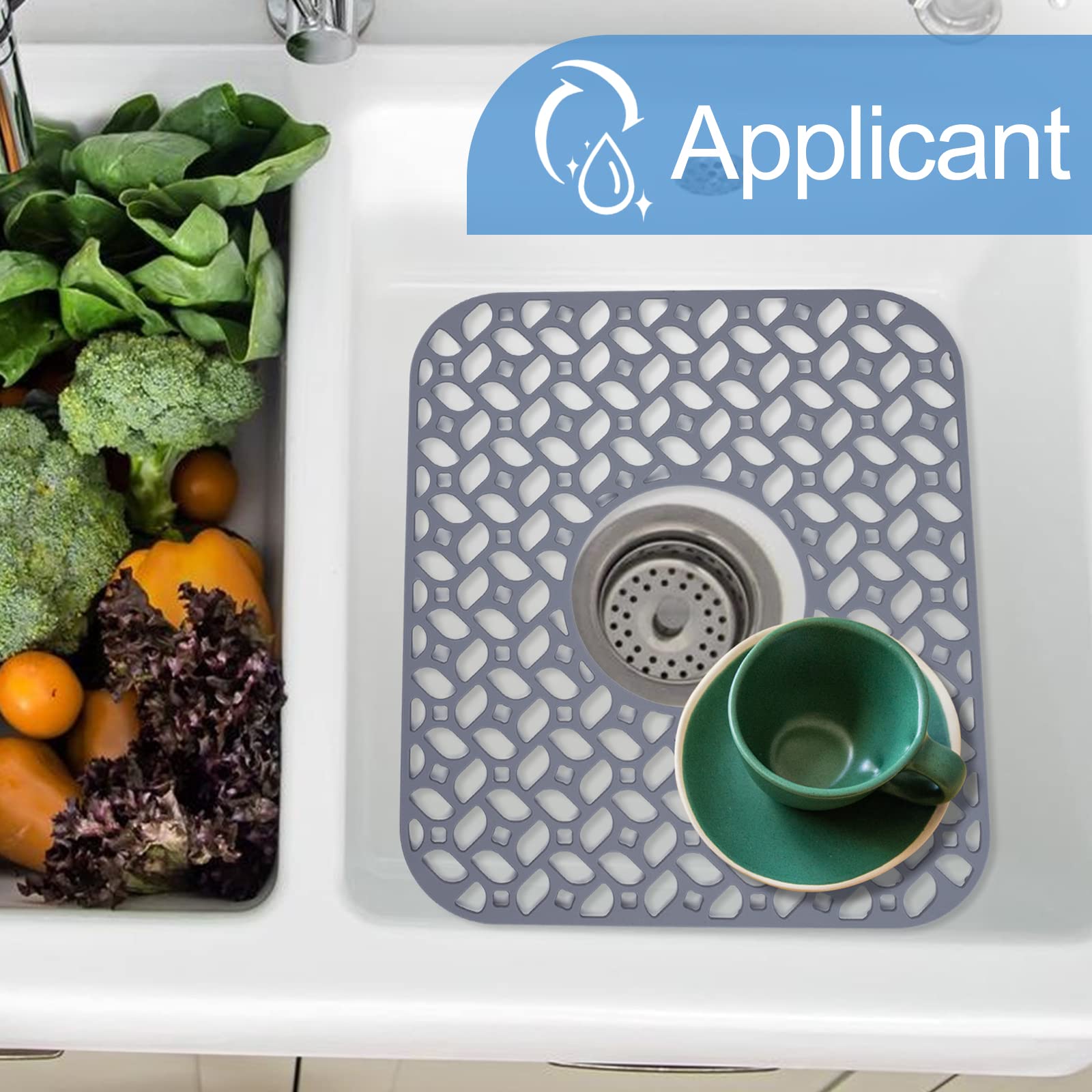 JUSTOGO Silicone Sink Mat, Grey Kitchen Sink Mats Grid Accessory, 2 PCS Folding Non-Slip Sink Protector for Kitchen Bottom of Farmhouse Stainless Steel Porcelain Sink (Center Drain, 13.58''x 11.6'')