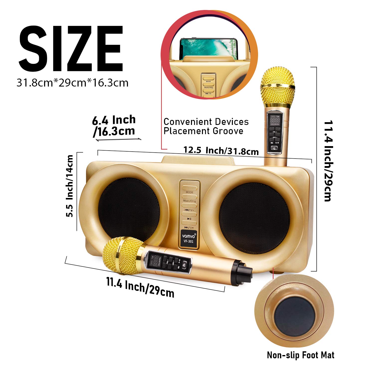 Karaoke Machine, vamvo VF-301 15W*2 Rechargeable Bluetooth Speaker with 2 Wireless Microphone, Portable PA Speaker System for Kids & Adults
