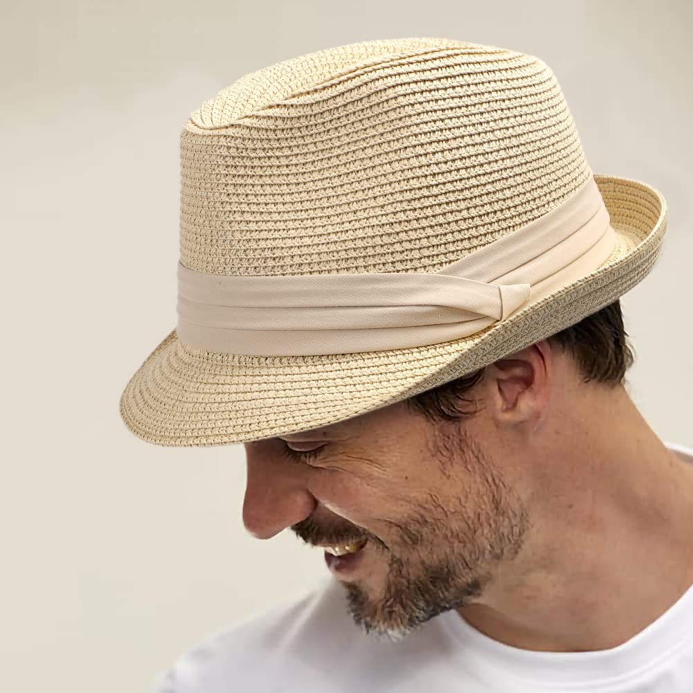 Lvaiz Womens Straw Fedora Hats Short Brim Beach Sun Trilby Hat for Men Packable Roll Up Panama Summer Hat Beige, Z Beige-beige Ribbon, One Size