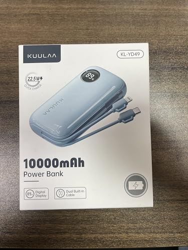 Kuulaa Portable Charger with Built in Cables 10000mAh USB C Power Bank Fast Charging LCD Display Battery Pack Charger Portable 3 Outputs for iPhone Pixel Samsung Android, Pink