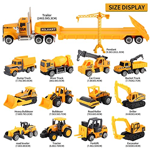 Oriate Construction Car Toys for Kids, Die Cast Construction Vehicles Toy Set Educational Mini Flatbed Trailer Excavator Bulldozer Forklift Trucks Road Signs, Birthday Gift Toys