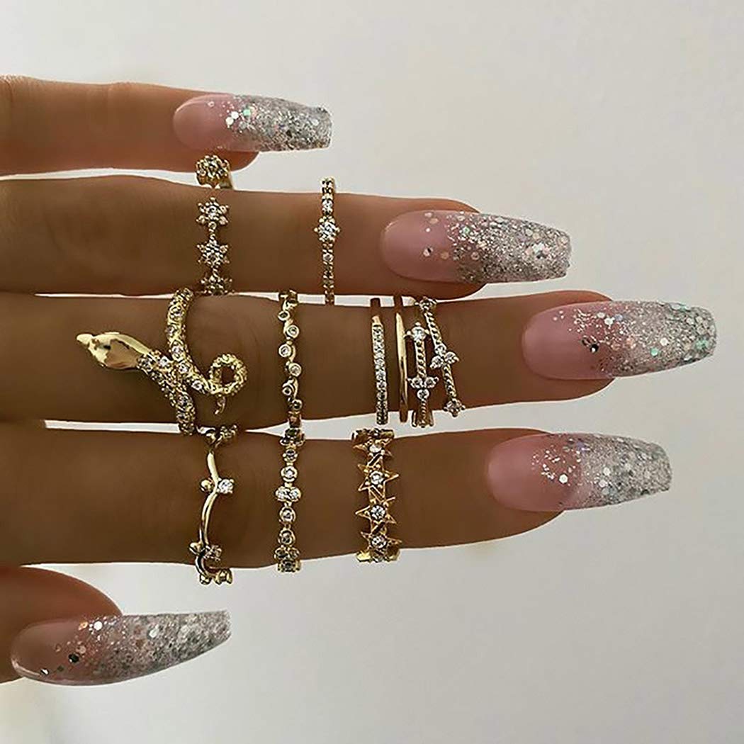 Ibliss Boho Rings Set Crystal Mid Joint Knuckle Rings Gold Snake Stackable Finger Rings Jewelry for Women and Girls 9PCS