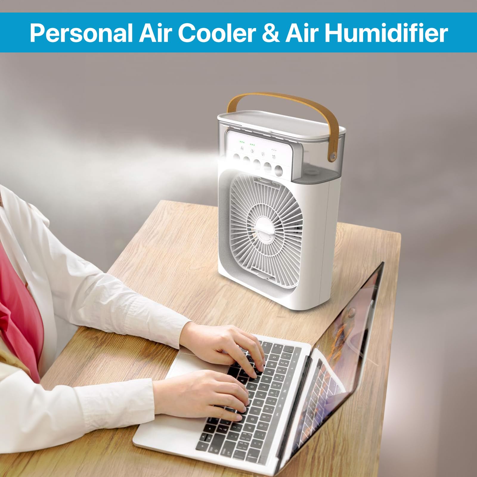 Portable Air Conditioner - Mini Evaporative Air Cooler Desk Air Conditioner Fan with 3 Wind Speeds, 3 Spray Modes, 1/2/3 H Timer and 7 Color Light, Air Cooling Fan